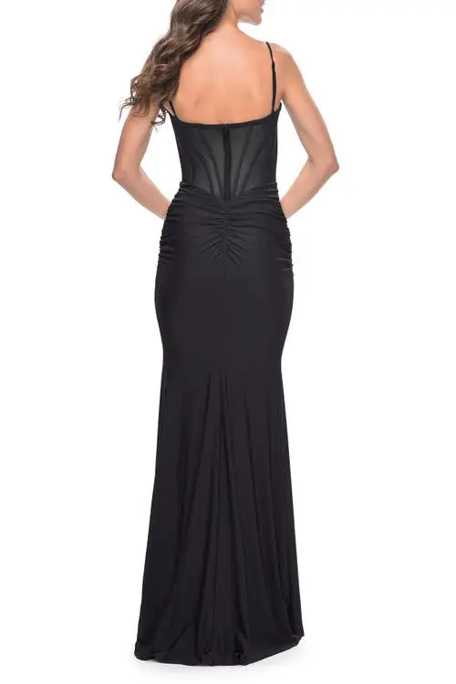 La Femme Jersey Bustier Dress With Illusion Back - Black