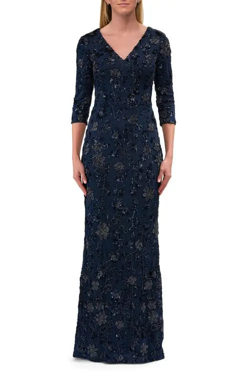 LABOMME Stunning Beaded Stretch Net Jersey Gown - Navy