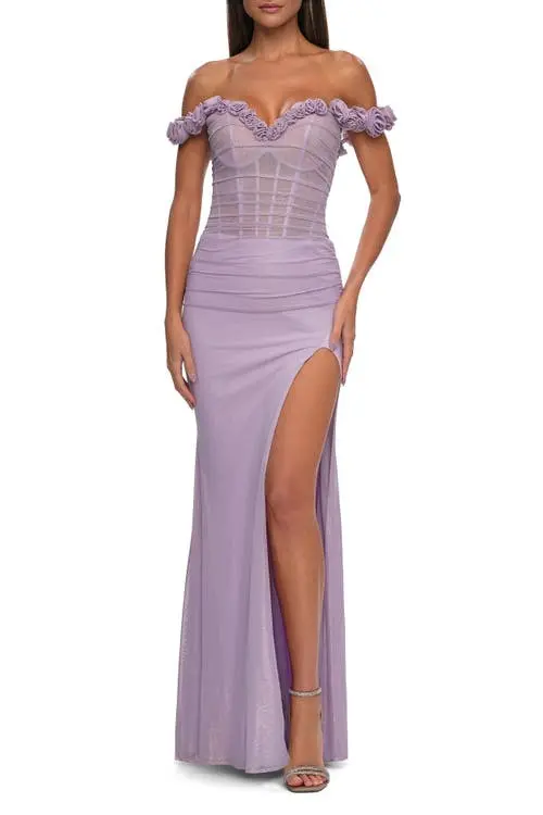 LABOMME Prom Dress With Rosette Off The Shoulder Straps And Neckline - Lavender