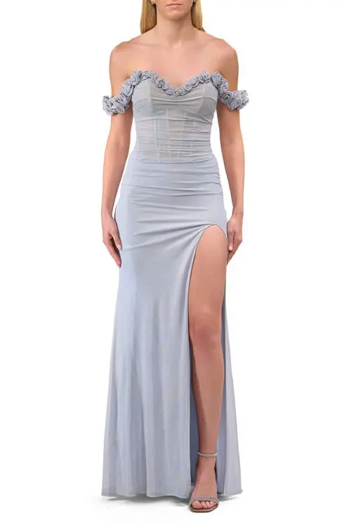 LABOMME Prom Dress With Rosette Off The Shoulder Straps And Neckline - Light Blue