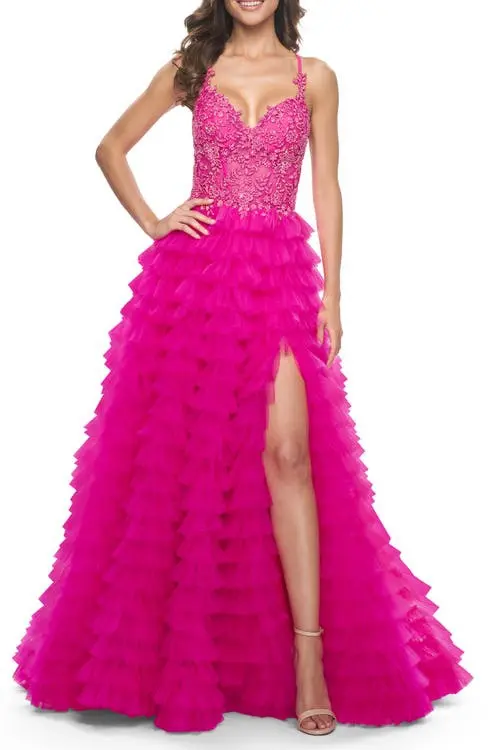 LABOMME Neon Ruffle Tulle Prom Gown With Illusion Lace Bodice And High Slit - Hot Fuchsia