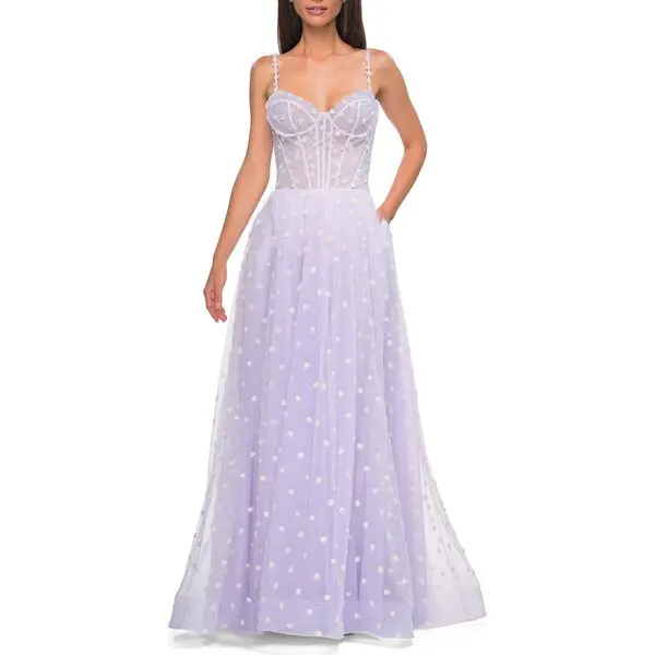 La Femme Polka Dot Tulle Prom Dress With Corset Top - Light Periwinkle