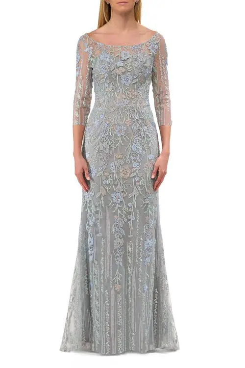 LABOMME Long Mother Of The Bride Dress With Colorful Lace Design - Light Blue