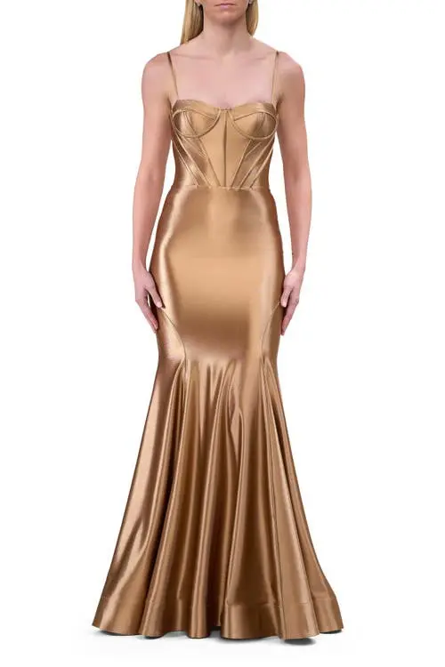 LABOMME Chic Stretch Satin Gown With Corset Top And Flare Skirt - Bronze