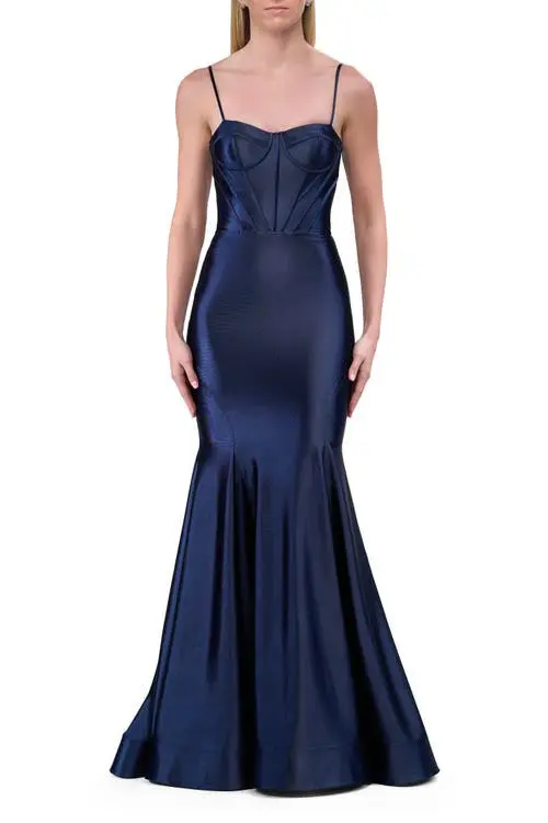 LABOMME Chic Stretch Satin Gown With Corset Top And Flare Skirt - Navy