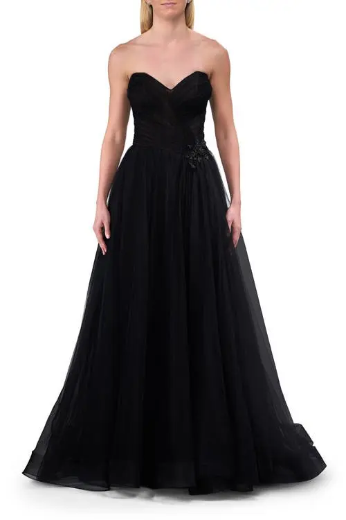 La Femme Strapless A-line Tulle Gown With Floral Detail - Black