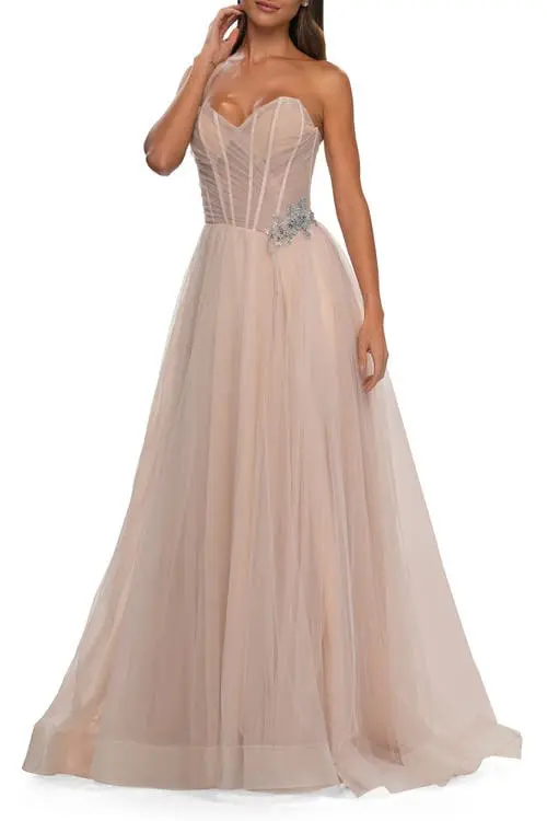 La Femme Strapless A-line Tulle Gown With Floral Detail - Blush