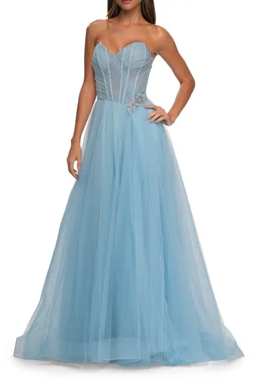 LABOMME Strapless A-line Tulle Dress With Floral Waist Detail - Cloud Blue