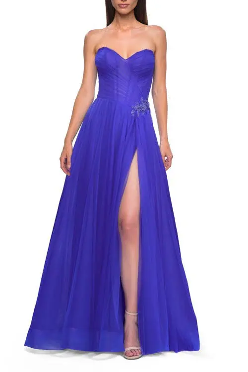 LABOMME Strapless A-line Tulle Dress With Floral Waist Detail - Royal Blue
