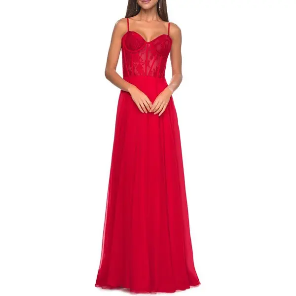 LABOMME Chiffon And Lace Gown With Bustier Top - Red