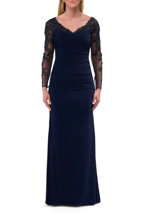 LABOMME Elegant Evening Jersey Dress With Illusion Lace Sleeves - Navy