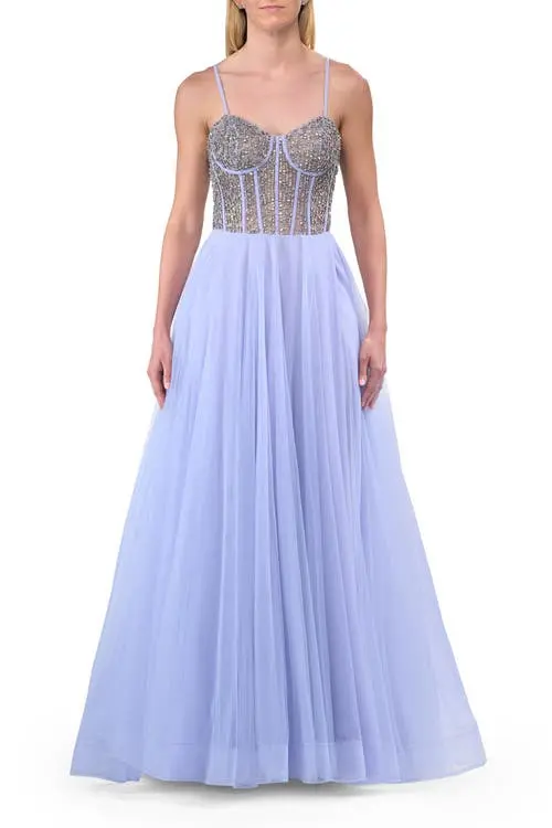 La Femme Rhinestone Embellished Corset A-line Tulle Gown - Light Periwinkle