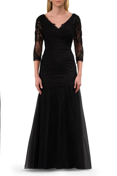 LABOMME Tulle Evening Gown With Trumpet Skirt And Lace Illusion Sleeves - Black
