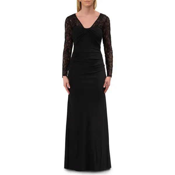 LABOMME Long Sleeve Evening Dress With Ruching And Lace Details - Black