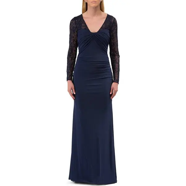 LABOMME Long Sleeve Evening Dress With Ruching And Lace Details - Navy