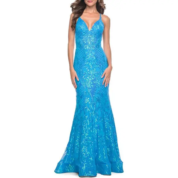 La Femme Sequin Mermaid Gown With Open Tie Back - Aqua