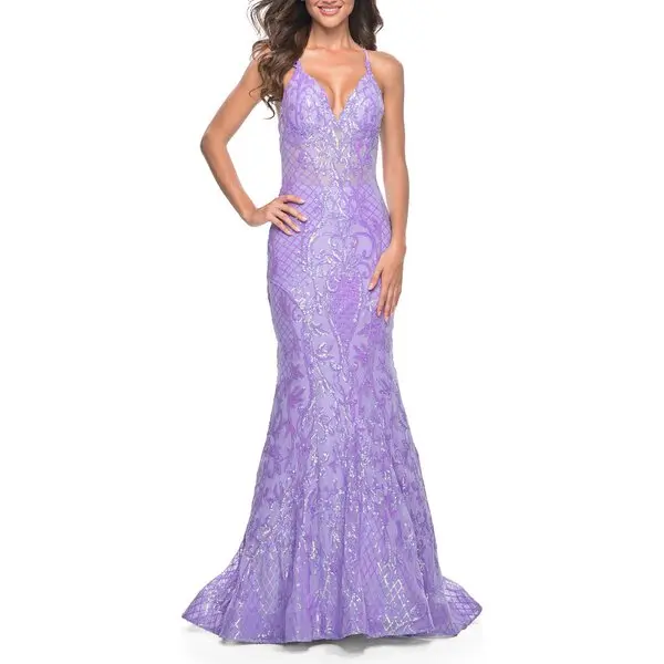 La Femme Sequin Mermaid Gown With Open Tie Back - Lavender