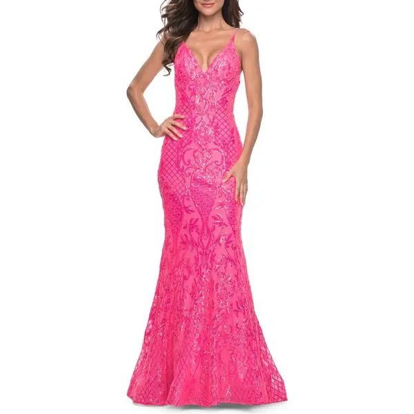 LABOMME Neon Mermaid Print Sequin Dress With Lace Up Open Back - Neon Pink