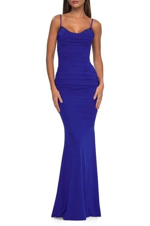 LABOMME Net Jersey Prom Dress With Lace Neckline Detail - Royal Blue