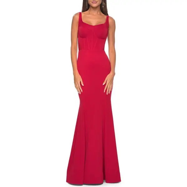 LABOMME Mermaid Jersey Gown With Bustier Top And Lace Up Back - Red
