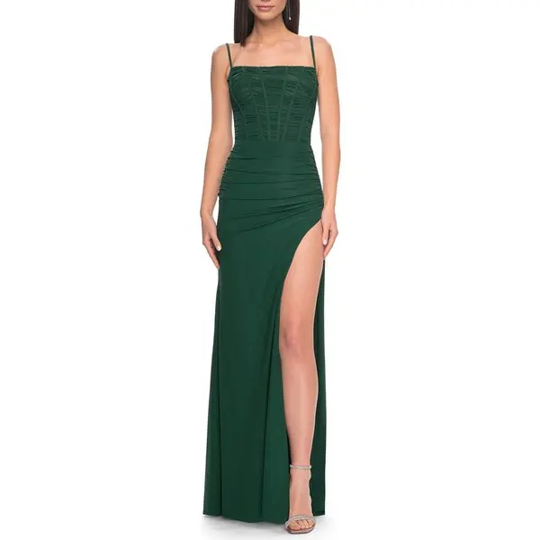 LABOMME Bustier Net Jersey Prom Dress With Ruching And High Slit - Dark Emerald