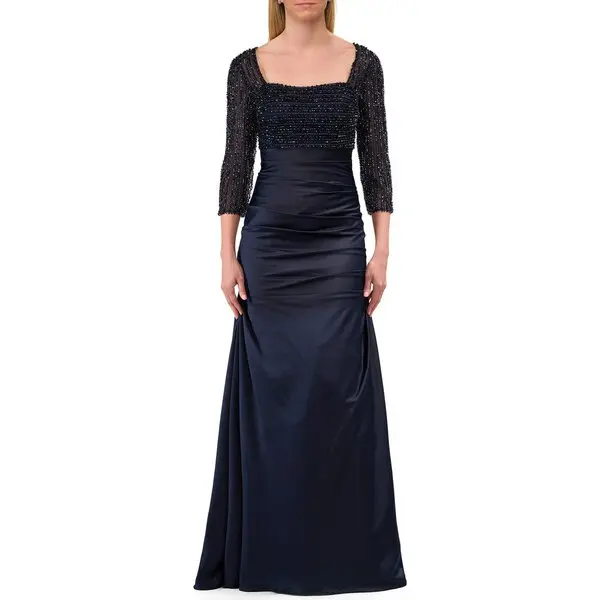 LABOMME Beaded Bodice Satin Gown With Three-quarter Sleeves - Navy