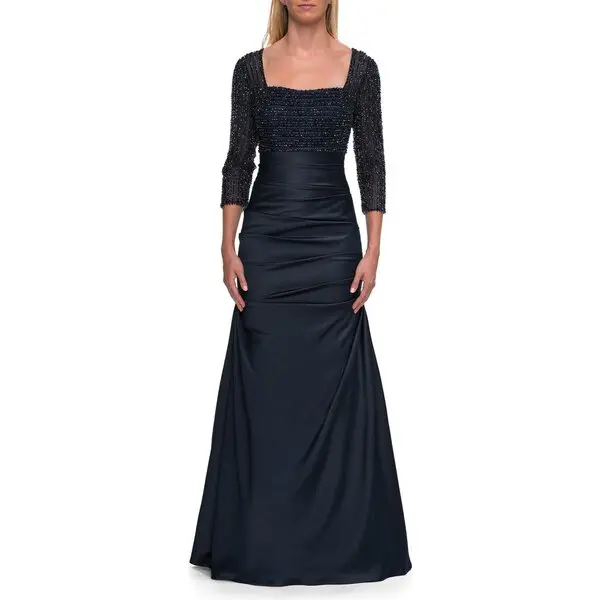 La Femme Beaded Bodice Satin Gown With Three-quarter Sleeves
