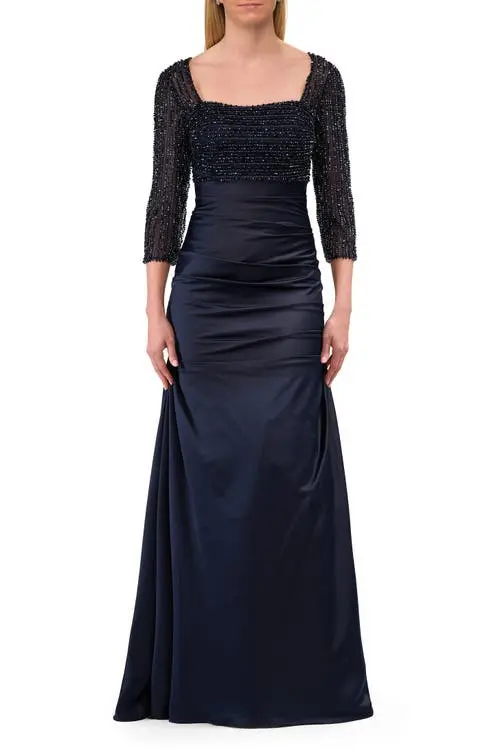 La Femme Beaded Bodice Satin Gown With Three-quarter Sleeves