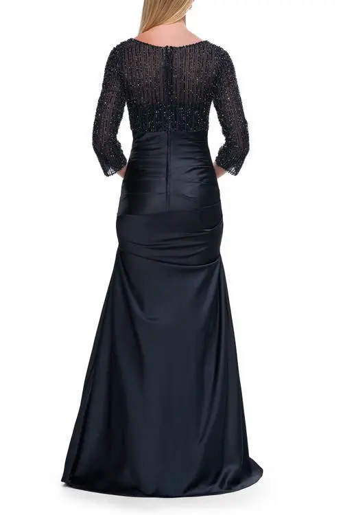 La Femme Beaded Bodice Satin Gown With Three-quarter Sleeves