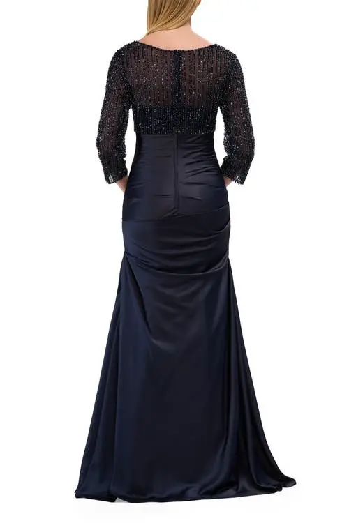 La Femme Beaded Bodice Satin Gown With Three-quarter Sleeves