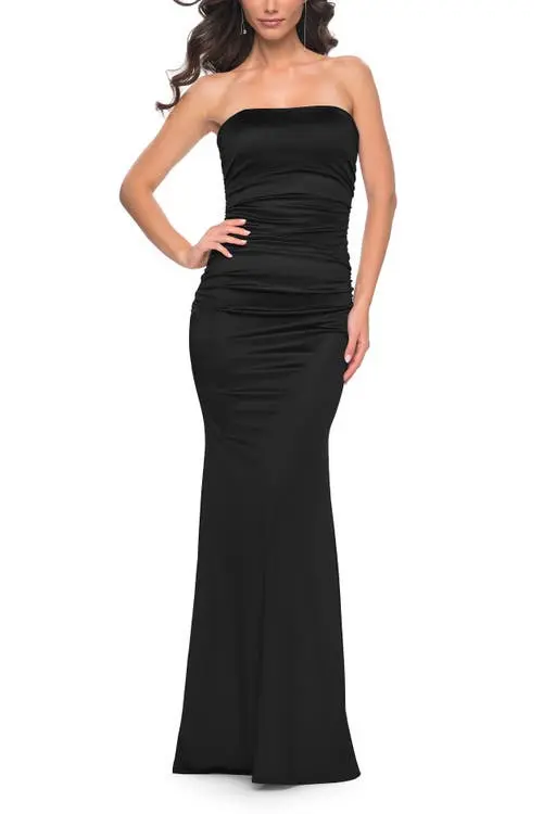 LABOMME Strapless Stretch Satin Dress With Ruching - Black