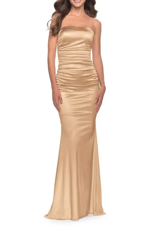 LABOMME Strapless Stretch Satin Gown With Ruching - Bronze