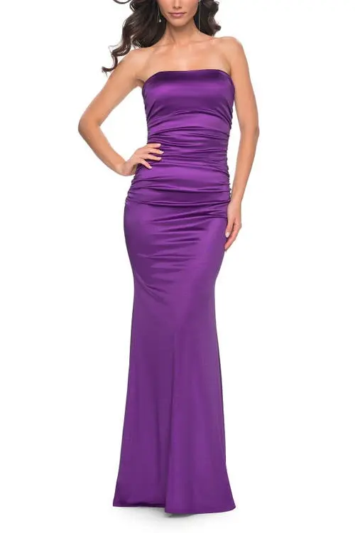 LABOMME Strapless Stretch Satin Dress With Ruching - Royal Purple