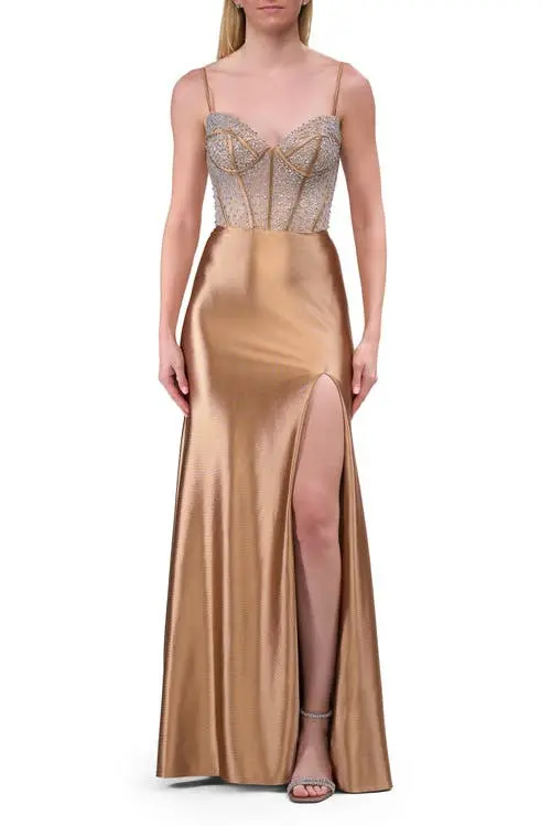 LABOMME Rhinestone Corset Prom Dress With Stretch Satin Skirt - Bronze