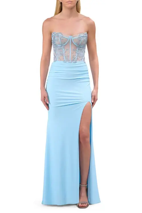 LABOMME Strapless Column Gown With Lace Bodice - Cloud Blue