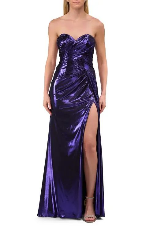 LABOMME Metallic Jersey Dress With Ruching And Sweetheart Top - Royal Purple
