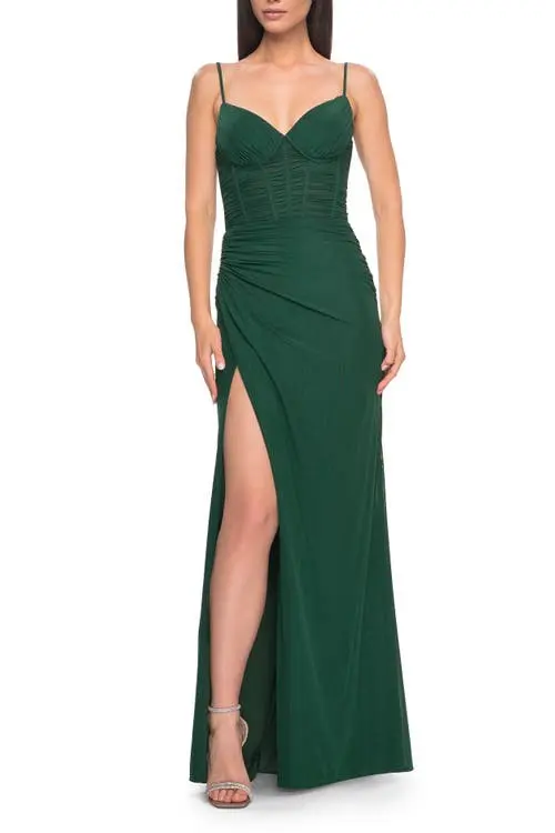 LABOMME Net Jersey Fitted Dress With Ruched Bustier Top - Dark Emerald