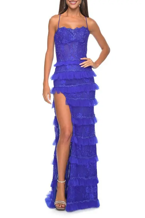 LABOMME Fitted Ruffle Skirt Lace Dress With Illusion Bodice - Royal Blue