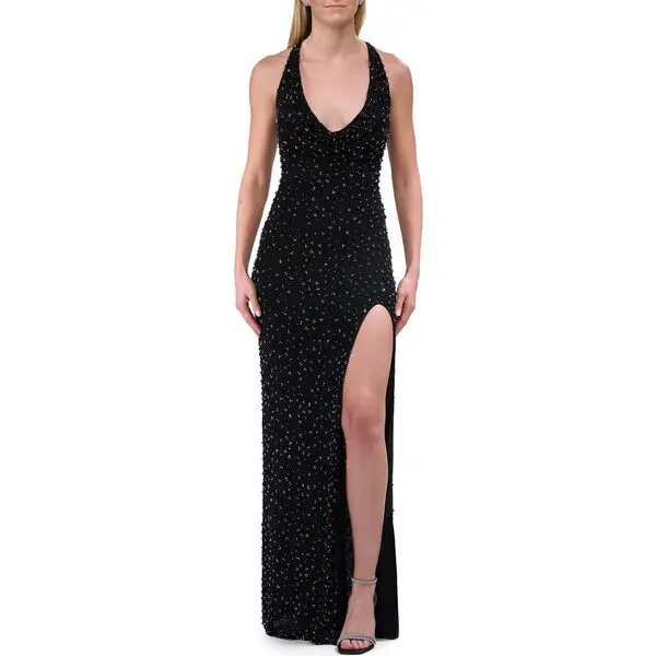 La Femme Beaded Fitted Stretch Net Halter Gown - Black