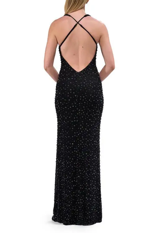 La Femme Beaded Fitted Stretch Net Halter Gown