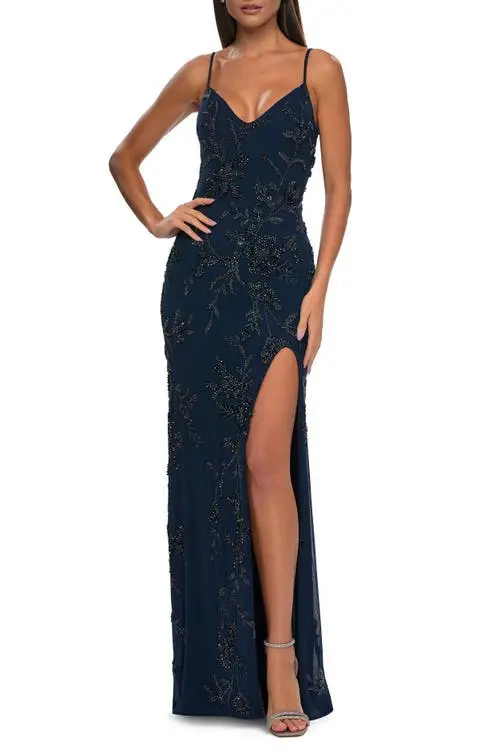 LABOMME Beautiful Beaded Evening Gown With V Neckline And Open Back - Navy