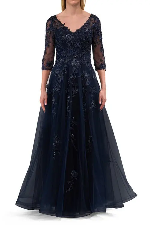 LABOMME A-line Tulle Mother Of The Bride Dress With Gorgeous Beaded Lace - Navy
