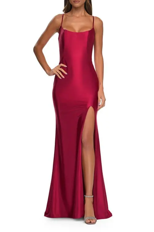 LABOMME Chic Stretch Satin Dress With Illusion Mesh Back - Deep Red