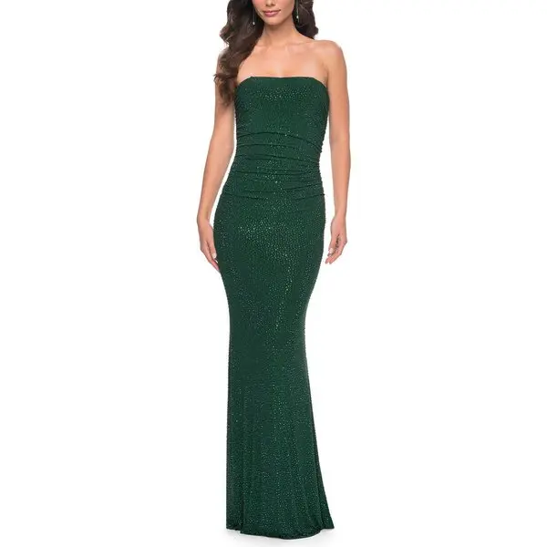 LABOMME Rhinestone Embellished Strapless Ruched Prom Dress - Emerald