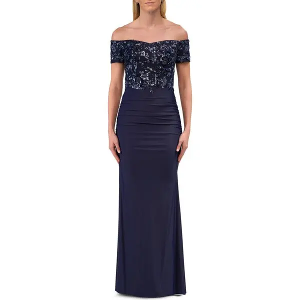 LABOMME Off The Shoulder Jersey Gown With Floral Sequin Top - Navy