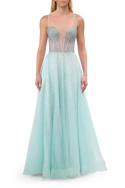 LABOMME Prom Gown With Rhinestone Tulle And Illusion Corset Bodice - Arctic Blue