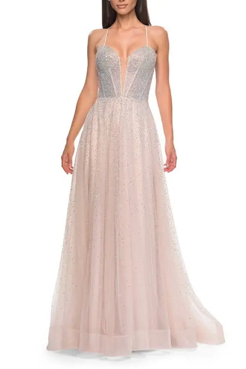 La Femme Rhinestone Tulle A-line Gown With Corset Bodice - Blush