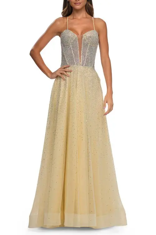 LABOMME Prom Gown With Rhinestone Tulle And Illusion Corset Bodice - Pale Yellow