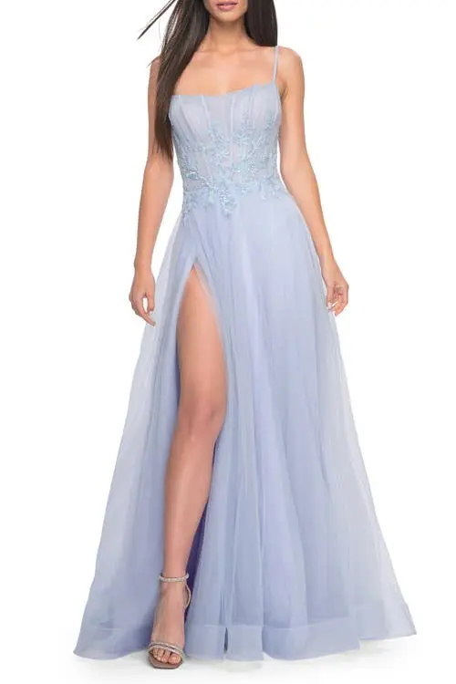 La Femme Tulle A-line Gown With Beaded Lace And Slit - Light Periwinkle
