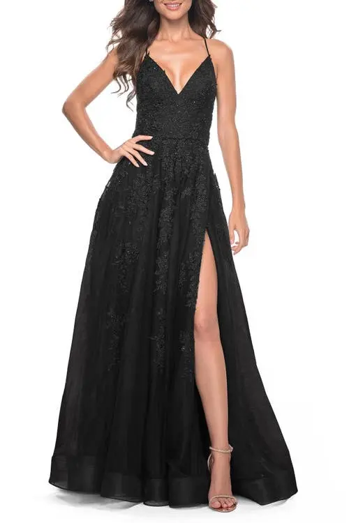 La Femme Tulle Ball Gown With Floral Detail And Slit - Black